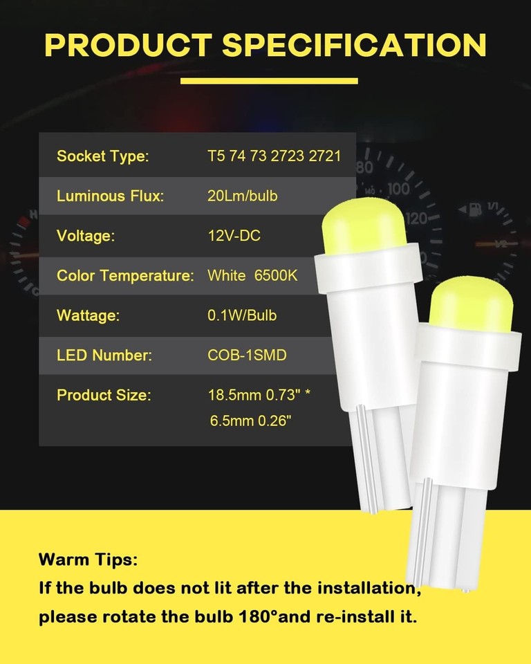 10pcs T5 LED Bulbs Bright White 74 Bulb for 74 73 37ll 2721 2723 Car ...