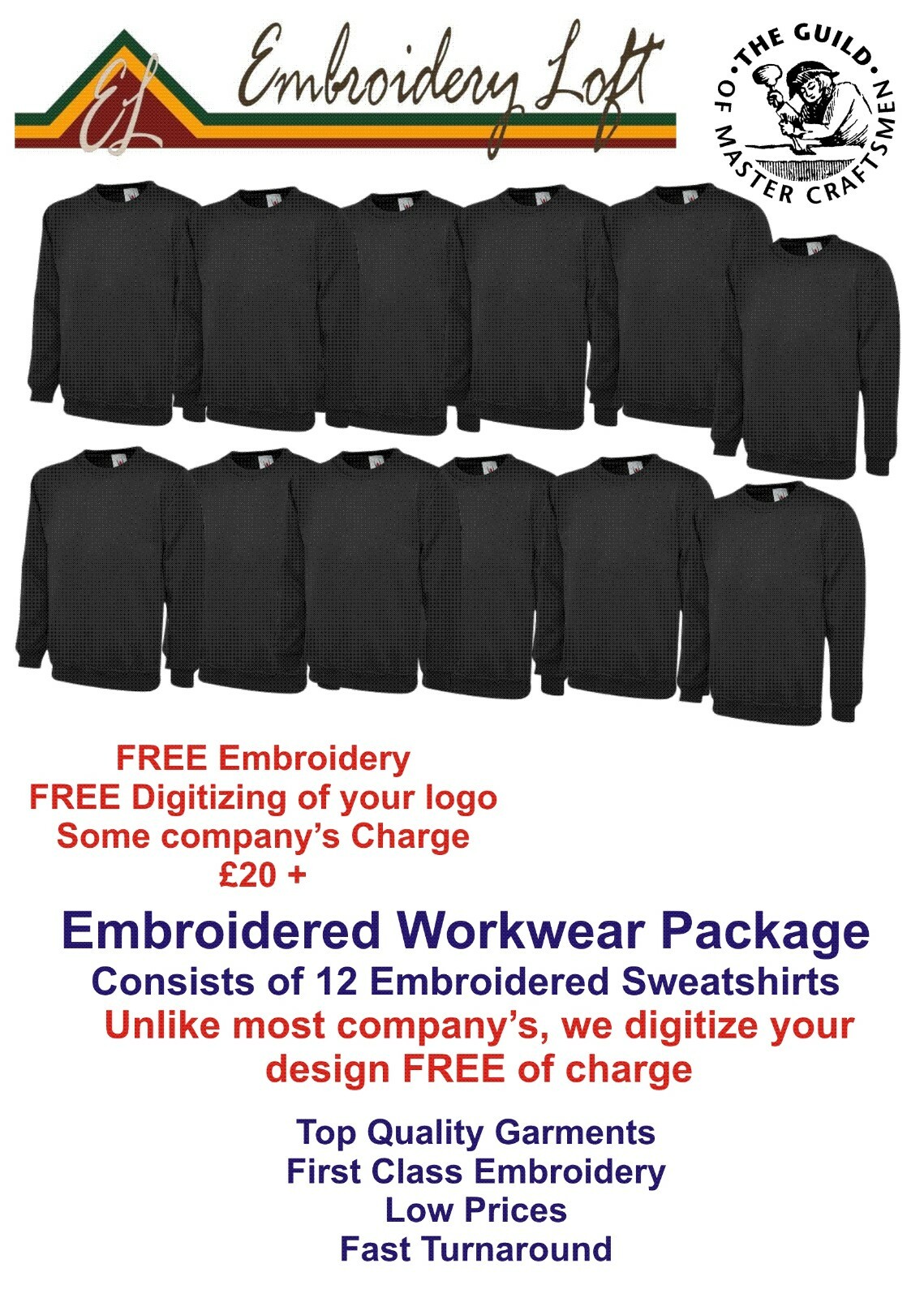 12 EMBROIDERED LOGO WORKWEAR MANPACK SWEATSHIRTS INCLUDES DELIVERY ...