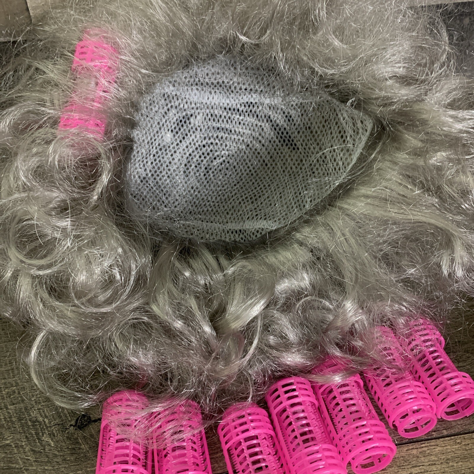 Grandma Grey & Pink Curlers Theatre Hair Wig Old Maid Mama Granny ...