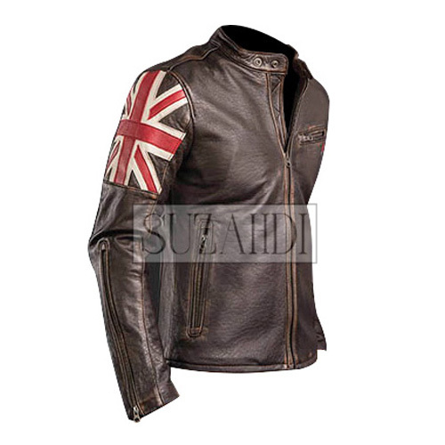 Mens Motorcycle Cafe Racer Brown Real Leather Jacket with UK Union Jack ...