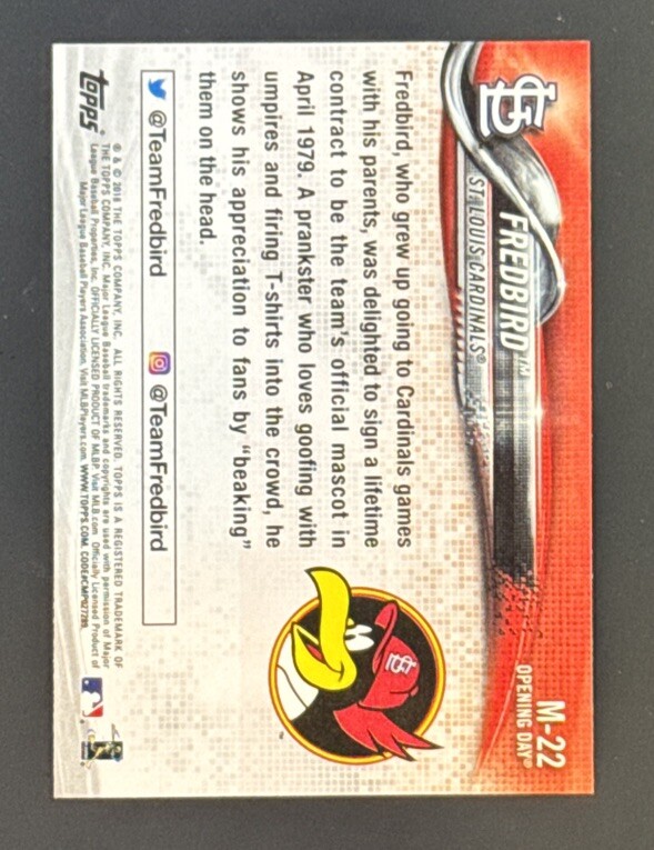 2018 Topps Opening Day Fredbird Mascot St. Louis Cardinals Card #M-22 ...