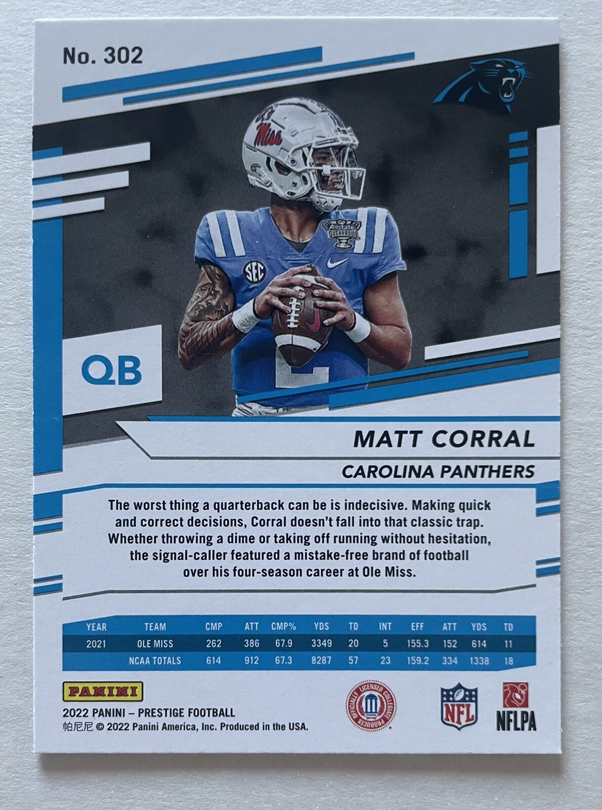 2022 Prestige Football Matt Corral Base Rookie Card RC #302 Panthers | eBay