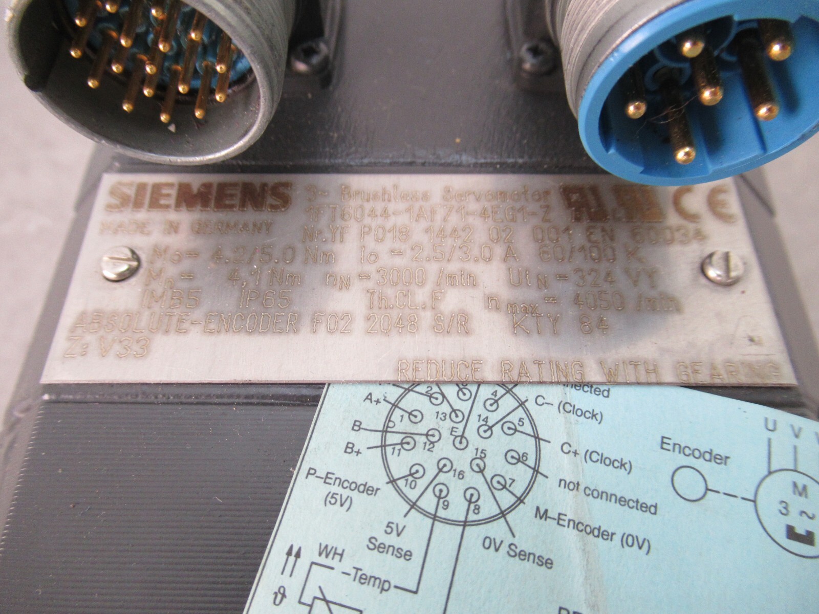 Siemens 1FT6044-1AF71-4EG1-Z Servo Motor Encoder F02 2048 S/R KTY84 Z ...