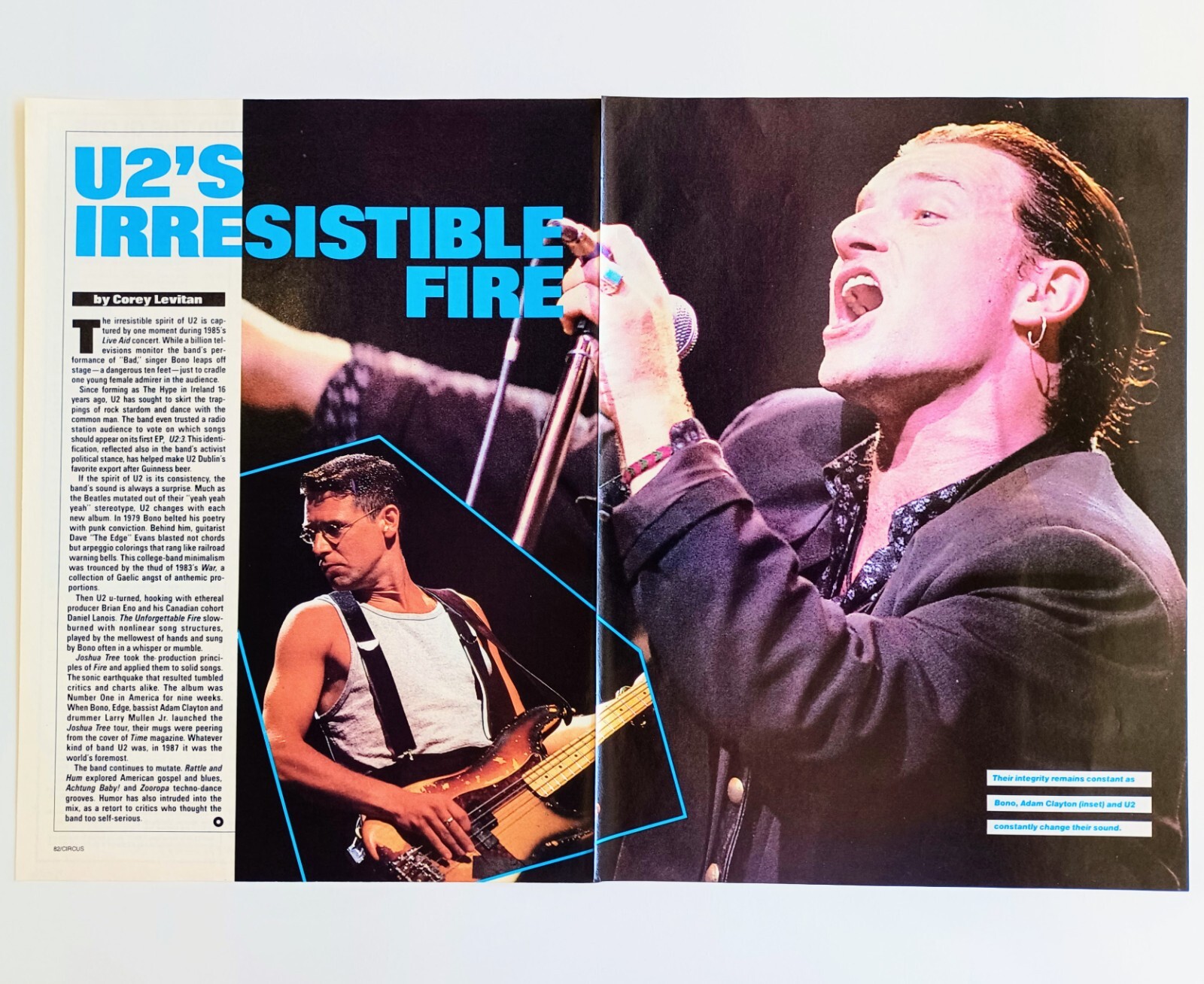 U2 LIVE~BONO & ADAM CLAYTON~VTG 1993 2-PAGE POSTER PRINT MAGAZINE PINUP ...