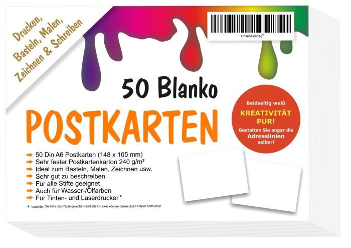 50 Blanko leere Postkarten ohne Linien weiss A6 DIY selber gestalten ...