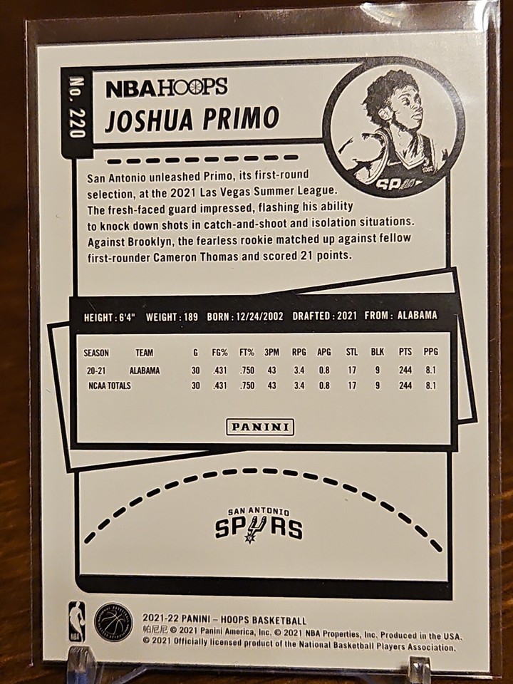 2021-22 Panini NBA Hoops Joshua Primo #220 Rookie Base RC Winter ...