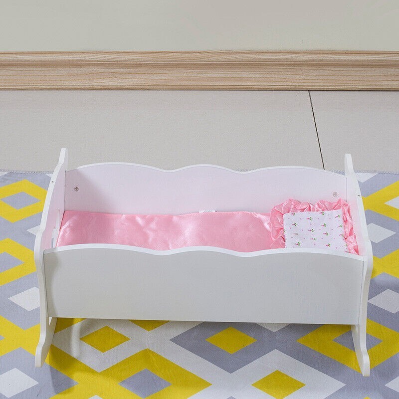 Dolls Wooden Rocking Cradle Cot Bed Doll Furniture Set For Baby Dolls ...