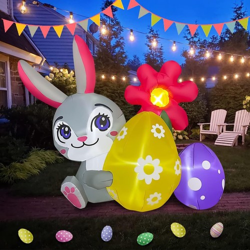 6ft Length Inflatable Easter Bunny with Flower and Egg Decoration, LED ...