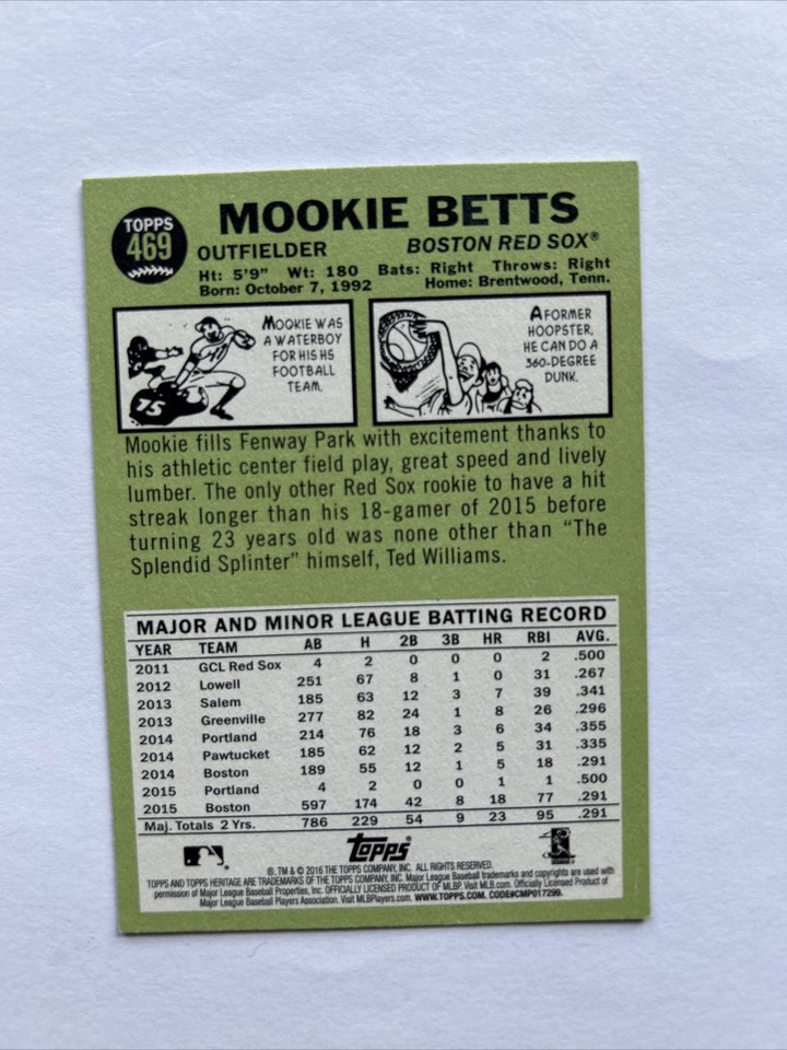 2016 Topps Heritage #469 469.1 High Number SP Mookie Betts RED SOX ...