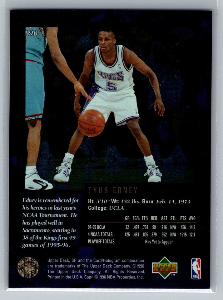 Tyus Edney 1995-96 SP Championship BASKETBALL #90 Sacramento Kings RC ...