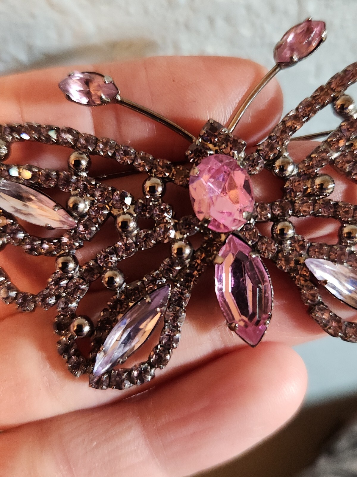 Vintage big pink Rhinestone Butterfly Brooch. 4x1.5 i… - Gem