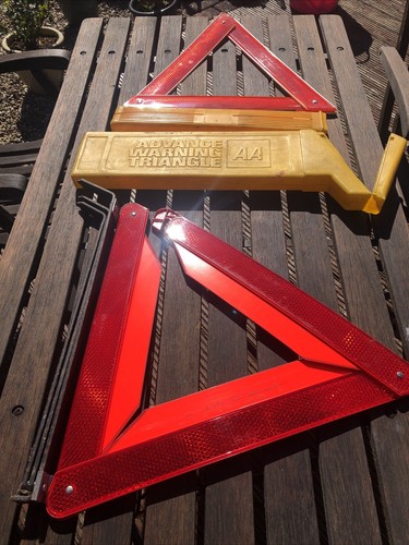 2 x Vintage AA Heavy Duty Red Warning Triangle One Wrought Iron Base In ...