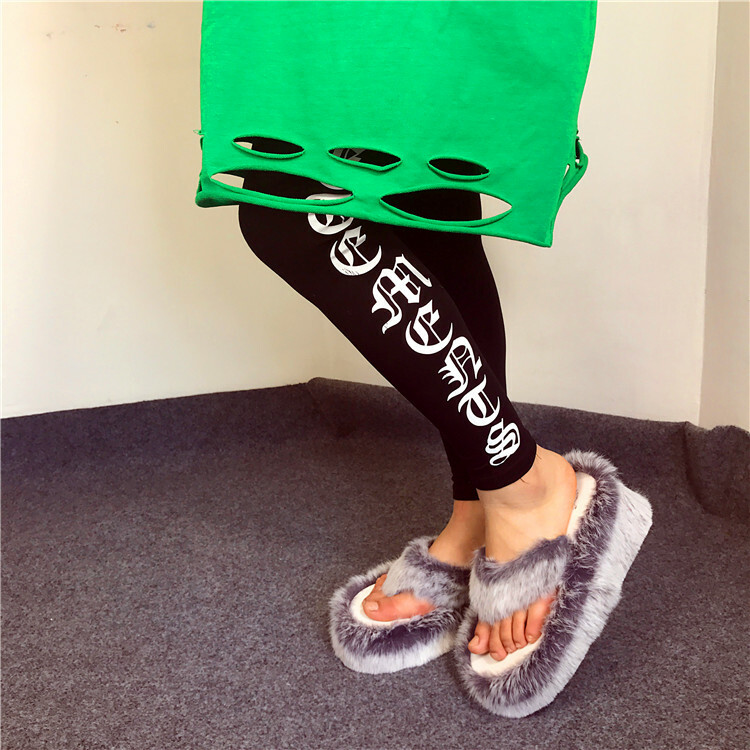 Women 100% Real Rabbit Fur Flip-flops Wedge Heel Sandals Slippers ...