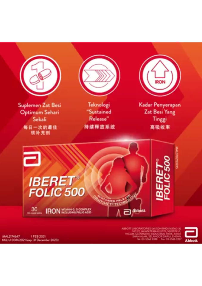 Abbott Iberet Folic 500 30'S - Supplement Iron Vitamin C B For Anemia ...