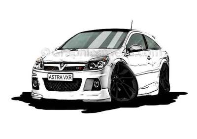 MK5 Astra H VXR White with Black Alloys Caricature Car Cartoon A4 Print ...
