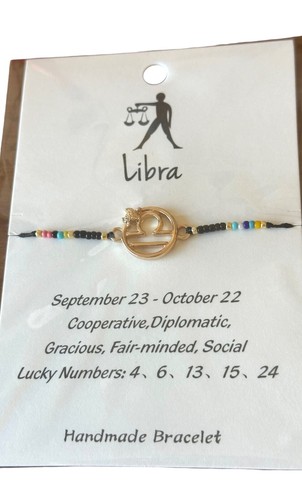Zodiac Slider Bracelet LIBRA charm-seed beads-thread- black astrology ...