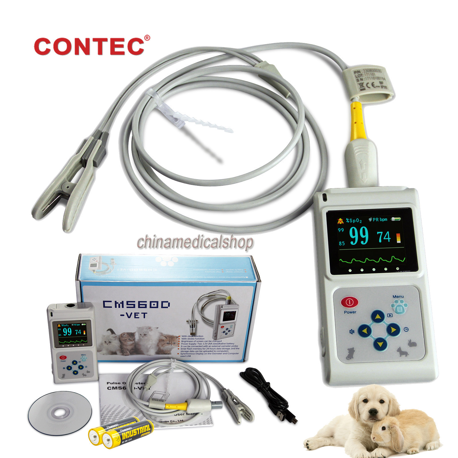 Veterinary Pulse Oximeter CMS60D-VET+Ear Tongue SpO2 Probe+PC Software ...