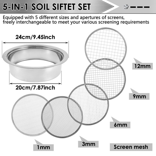 Soil Sieve Set with 9.45inch Diameter 5 Grid Sizes 1/3/6/9/12mm GohnO ...