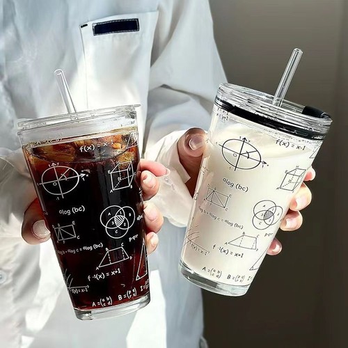 450ml Large Capacity Mathematical Formula Pattern Glass Cup With Lid And Stra FT | eBay Australia
