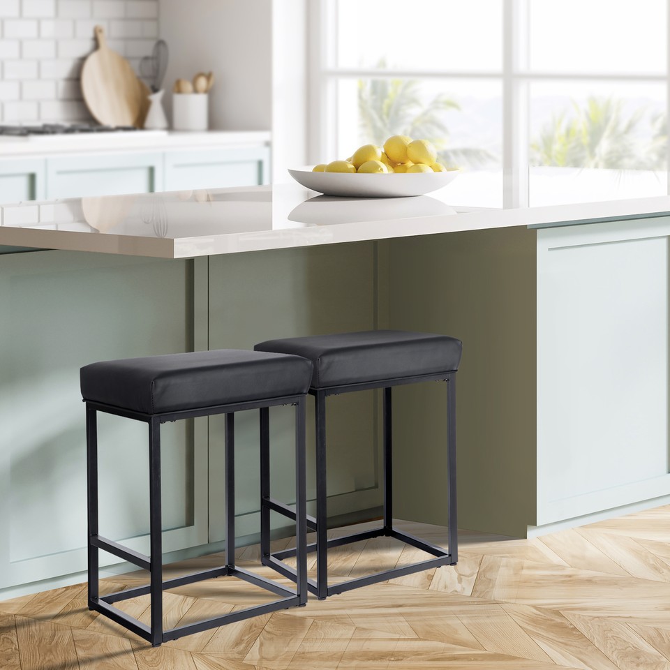 Set Of 2 Modern Backless Bar Stools PU Leather Stools For Kitchen ...