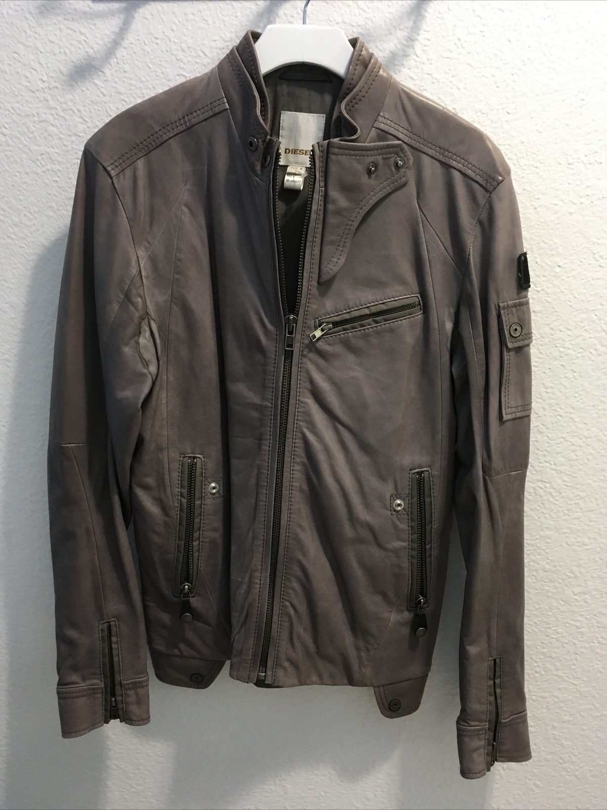 Diesel Mens Lamb Leather Moto Jacket Gray Sz M - Gem