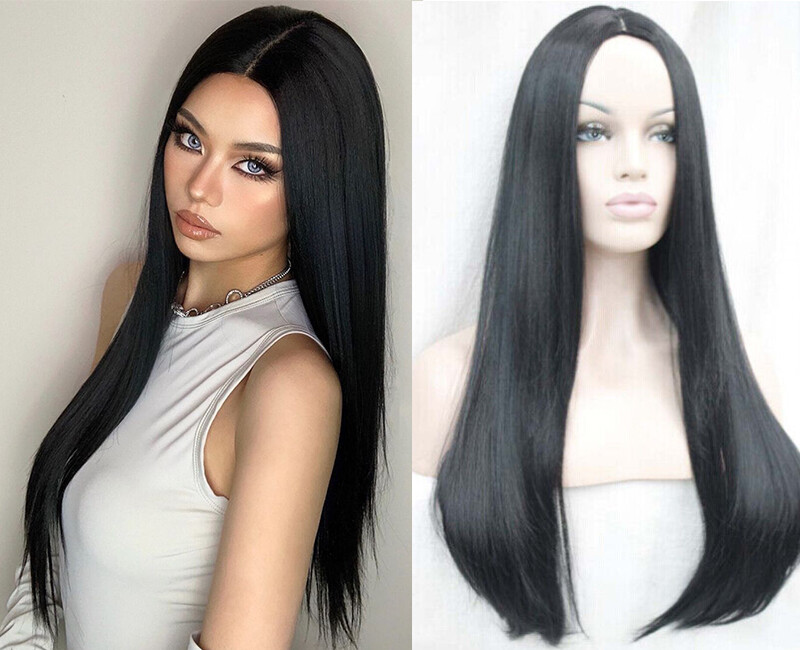 Black Long Straight Fiber Wigs Natual Looking Daily Use Heat Resistant ...