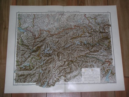 1905 ANTIQUE MAP OF SOUTHERN BAVARIA BAYERN TYROL TIROL SALZBURG ...