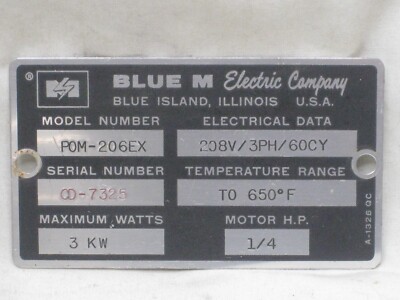 vintage BLUE M Electric Company POM-206EX metal data plate ID tag A ...
