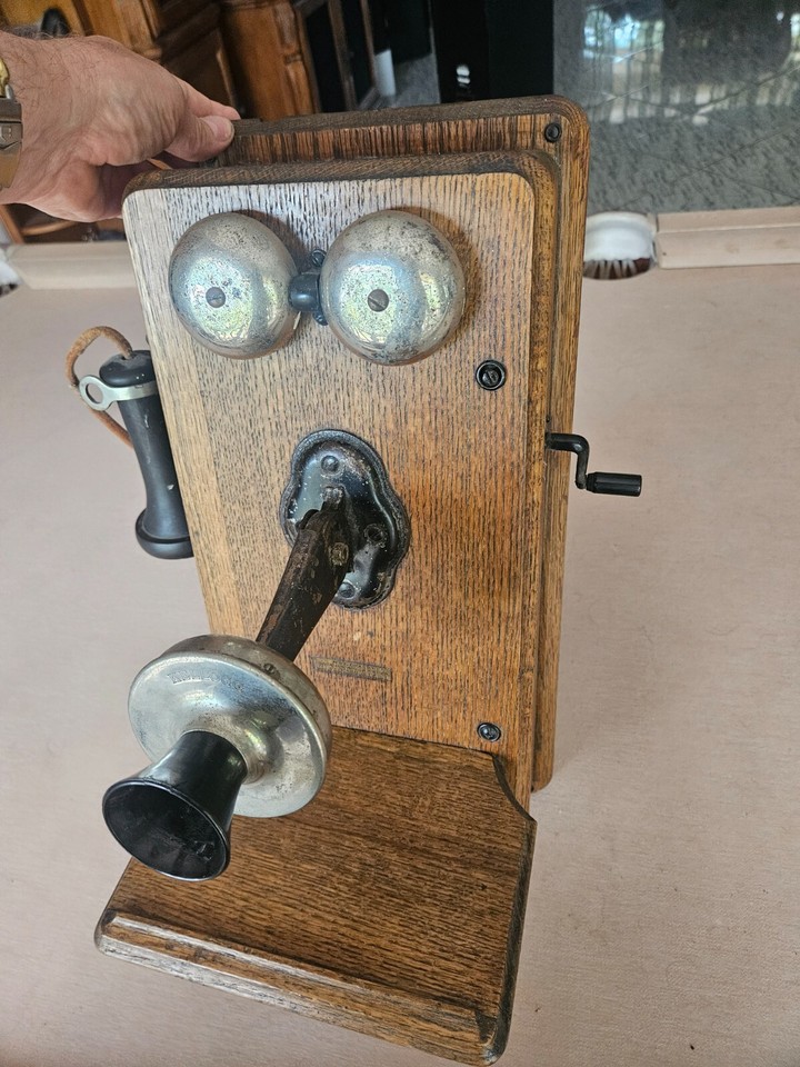 Antique 1900s Kellogg Chicago Hand Crank Oak Wood Wall Telephone Phone ...