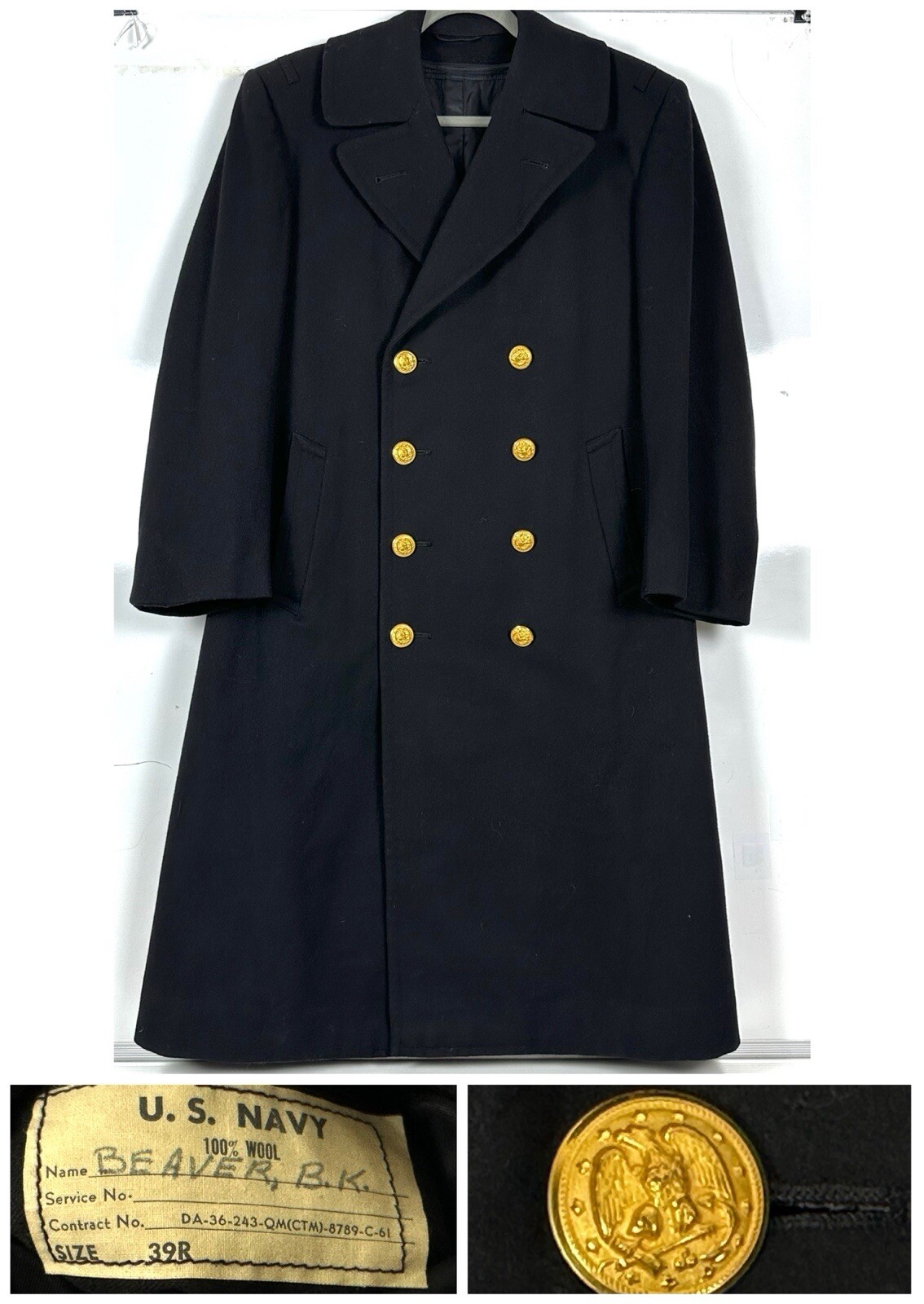 Vintage US Navy Officer's Bridge Coat Black Peacoat 1… - Gem