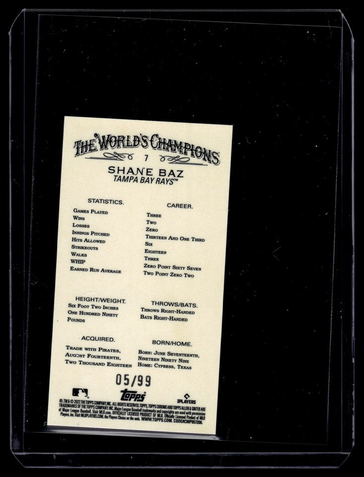 Shane Baz 2022 Topps Allen & Ginter Chrome Mini Green Refractor Card ...