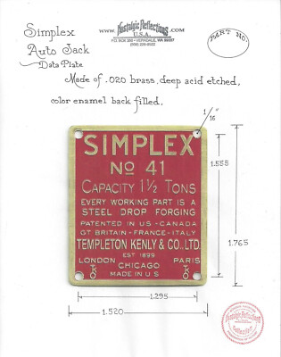 Simplex Auto Jack Data Plate | eBay