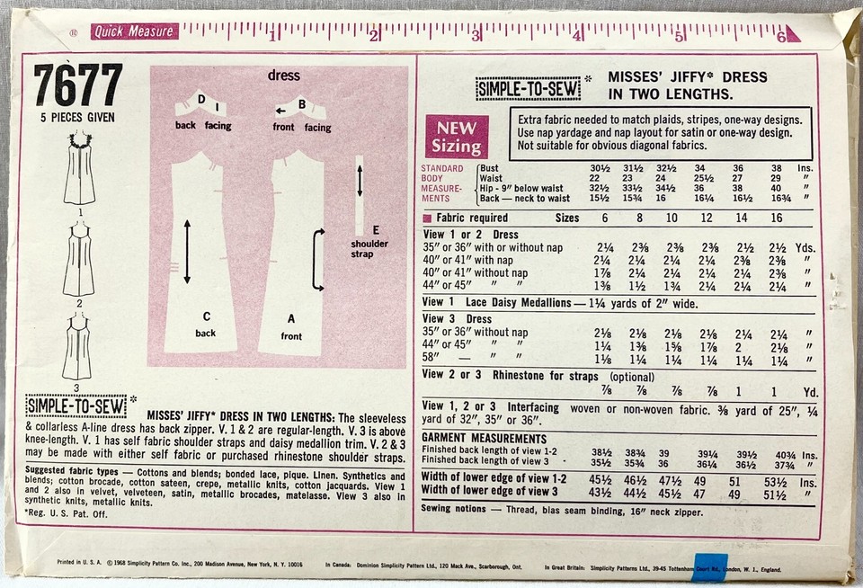 1968 Simplicity Sewing Pattern 7677 Womens Dress 2 Lengths Size 12 ...