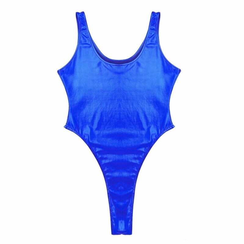 Womens Shiny Metallic One Piece Bodysuit High Cut Thong Leotard Rompers ...