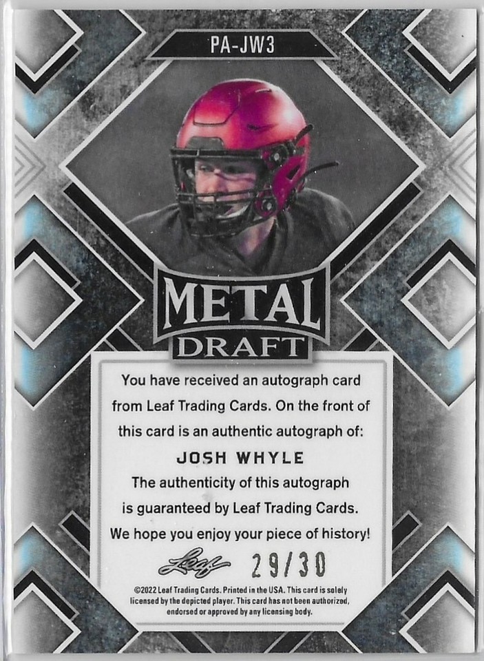 2022 Leaf Metal Draft Josh Whyle Rookie Autograph Card /30 | eBay