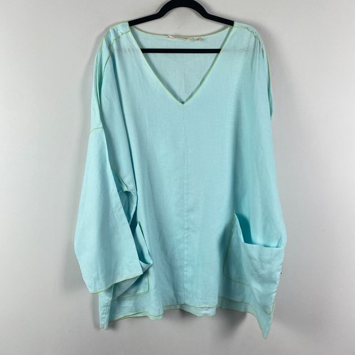 Soft Surroundings Linen Tunic Womens Size 3X Aqua Blue V Neck Pockets ...