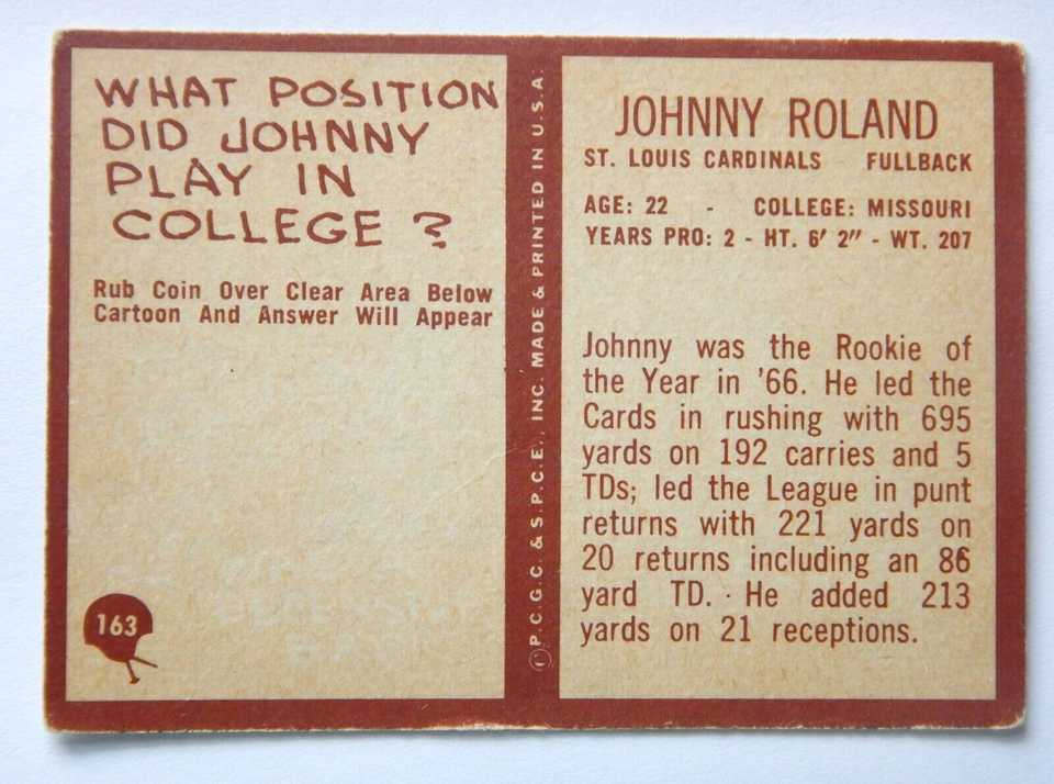 Johnny Roland #163 Philadelphia 1967 Football Card (St Louis Cardinals ...