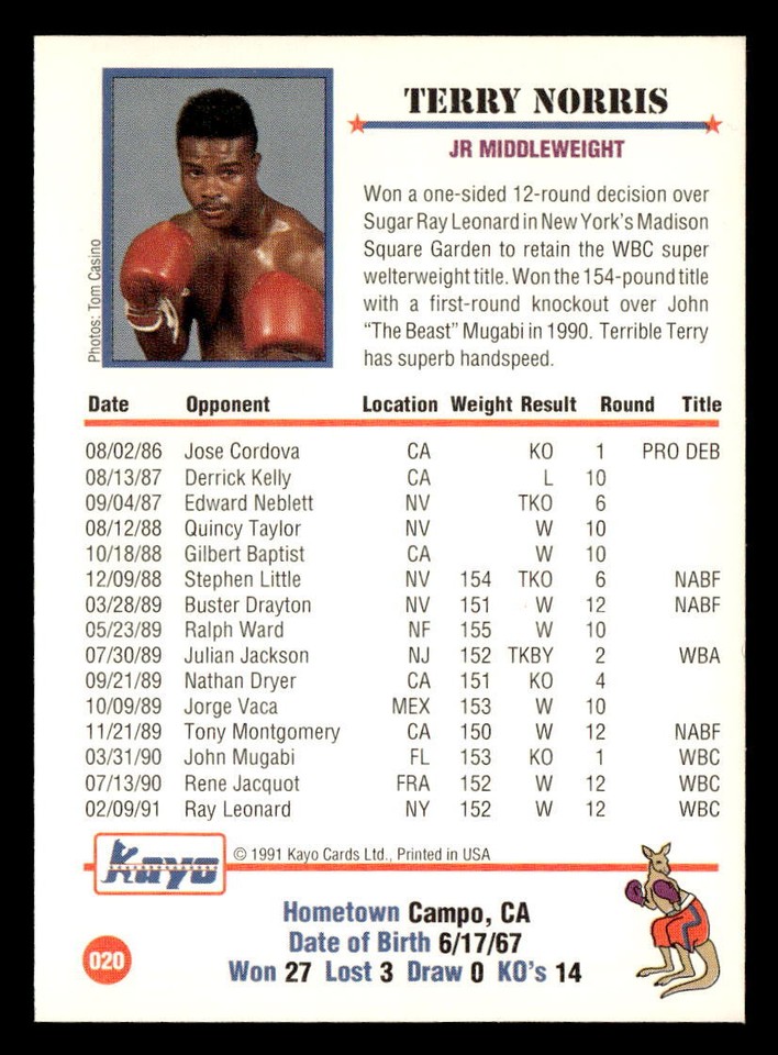 Terry Norris 1991 Kayo Boxing Card #20 | eBay