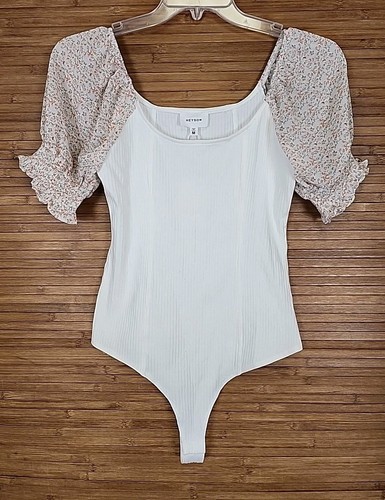 Heyson White Ribbed Top Bodysuit With Semi Sheer Floral Sleeves Size M ...