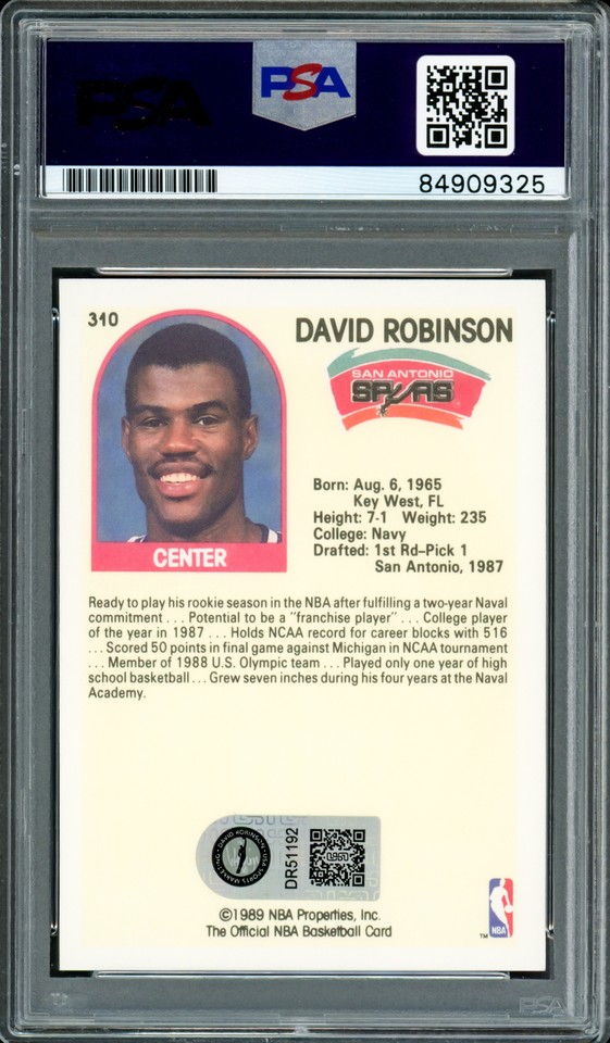 DAVID ROBINSON AUTOGRAPHED 1989-90 HOOPS BASKETBALL RC GEM 10 AUTO PSA ...