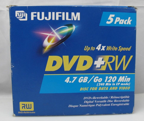 Fujifilm 5 pack DVD RW 4.7GB 120 Min Disc 4X Write Speed 240 Min EP ...