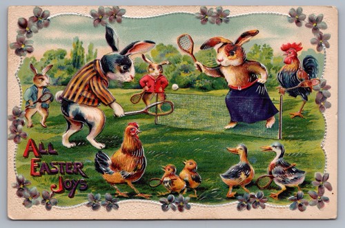 Easter Postcard Anthropomorphic Dressed Rabbits Playing Tennis Fantasy ...