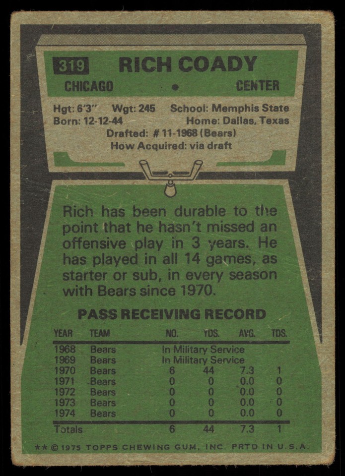 1975 Topps #319 Rich Coady Chicago Bears | eBay