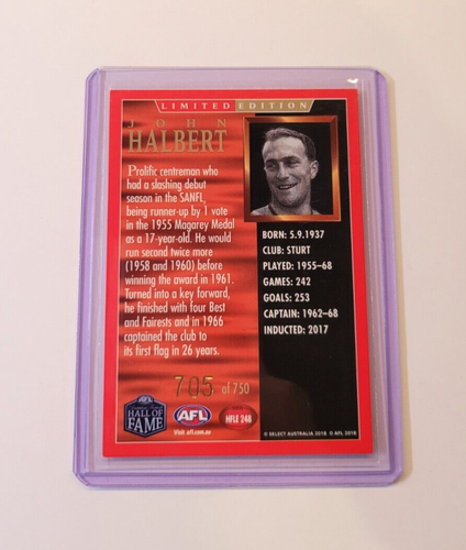 2018 AFL SELECT LEGACY HALL OF FAME LIMITED EDITION STURT JOHN HALBERT ...