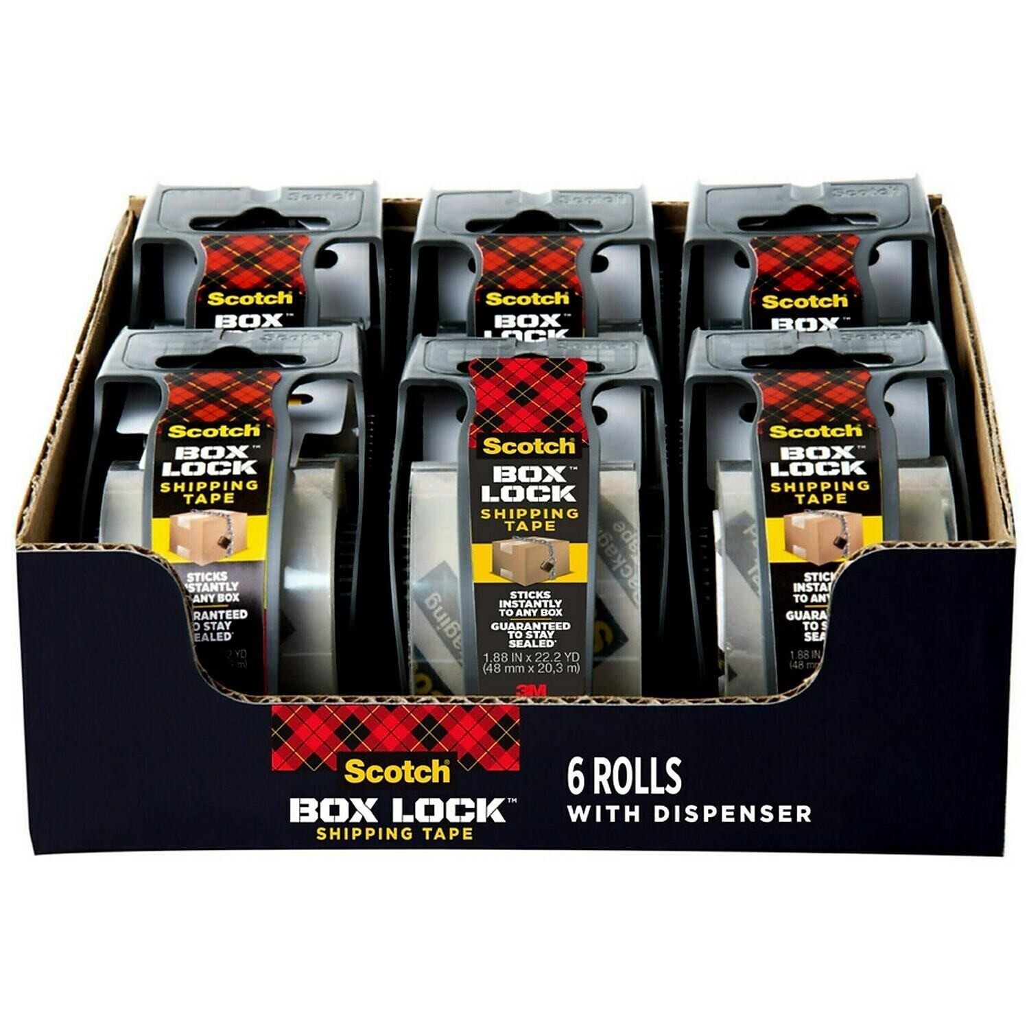Scotch Box Lock Shipping Tape Dispenser, 1.88 in x 22.2 yd, Clear, 6 ...