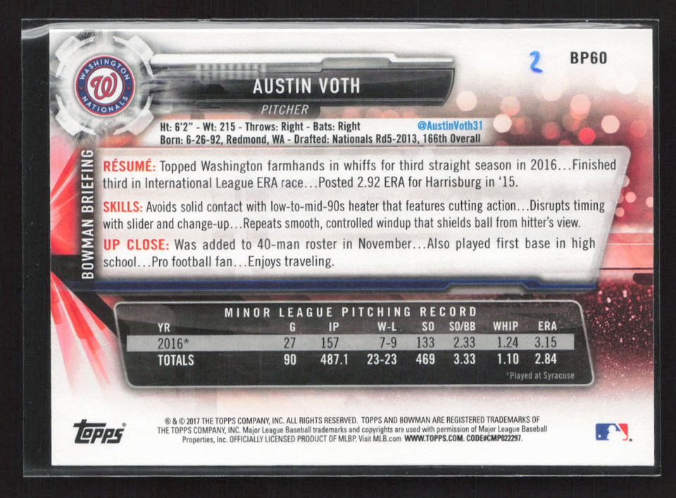 Austin Voth Signed Auto 2017 Bowman Prospects #BP60 Card Washington ...