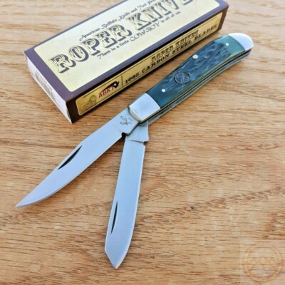 Roper Trapper Pocket Knife 1065 Carbon Steel Blade Green Jigged Bone ...