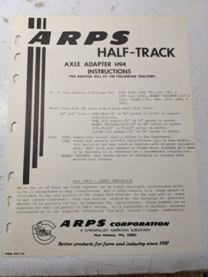 ARPS TRACTOR HALF-TRACK AXLE ADAPTER INSTRUCTIONS PARTS H94 FORD CASE ...