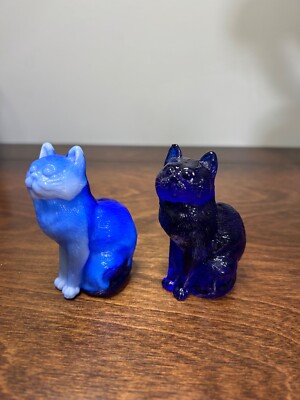 Vintage Mosser Glass Sitting Cat Dark Cobalt Blue White Slag Figure ...