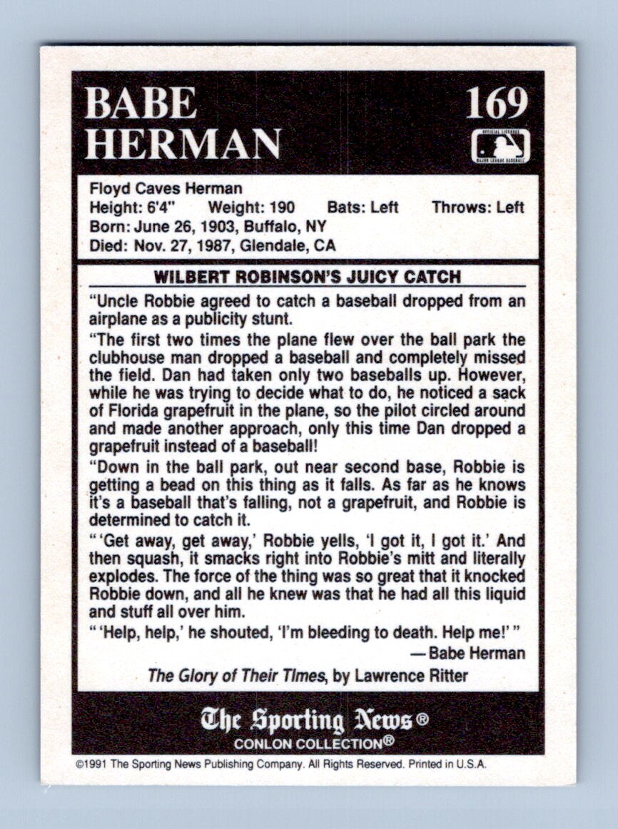1991 Conlon Collection #169 Babe Herman Story | eBay